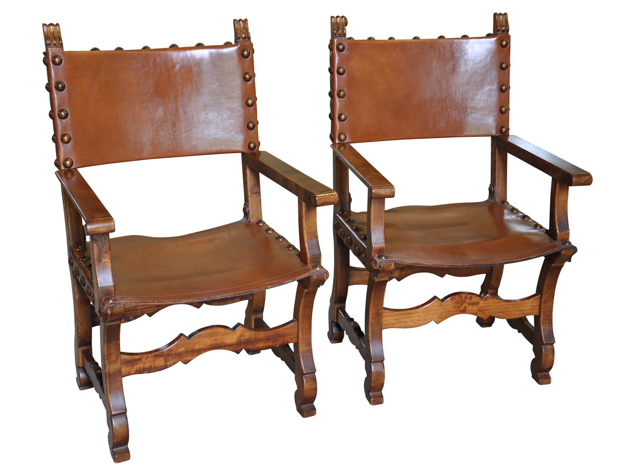 Pair of Spanish Renaissance Style Leather Armchairs in Walnut at 1stDibs