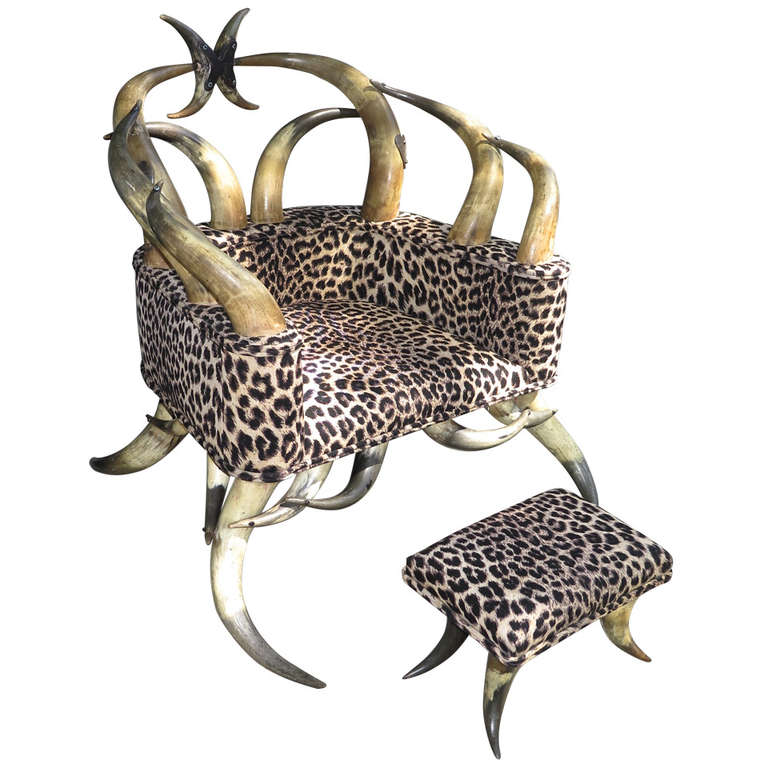 Unique Folk Art Cow Horn Chair and Ottoman at 1stDibs