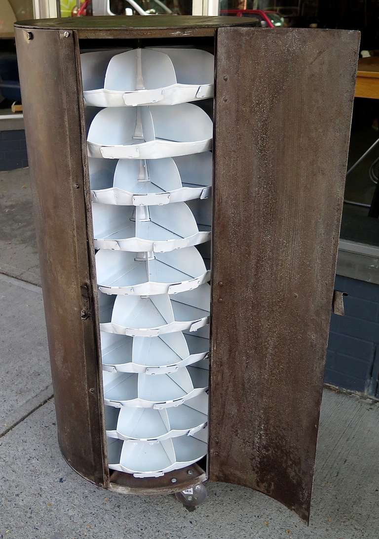 Vintage 1940s Industrial Metal Cylinder with Rotating Shelves at 1stDibs
