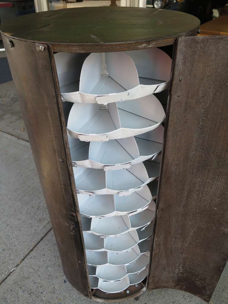 Vintage 1940s Industrial Metal Cylinder with Rotating Shelves at 1stDibs
