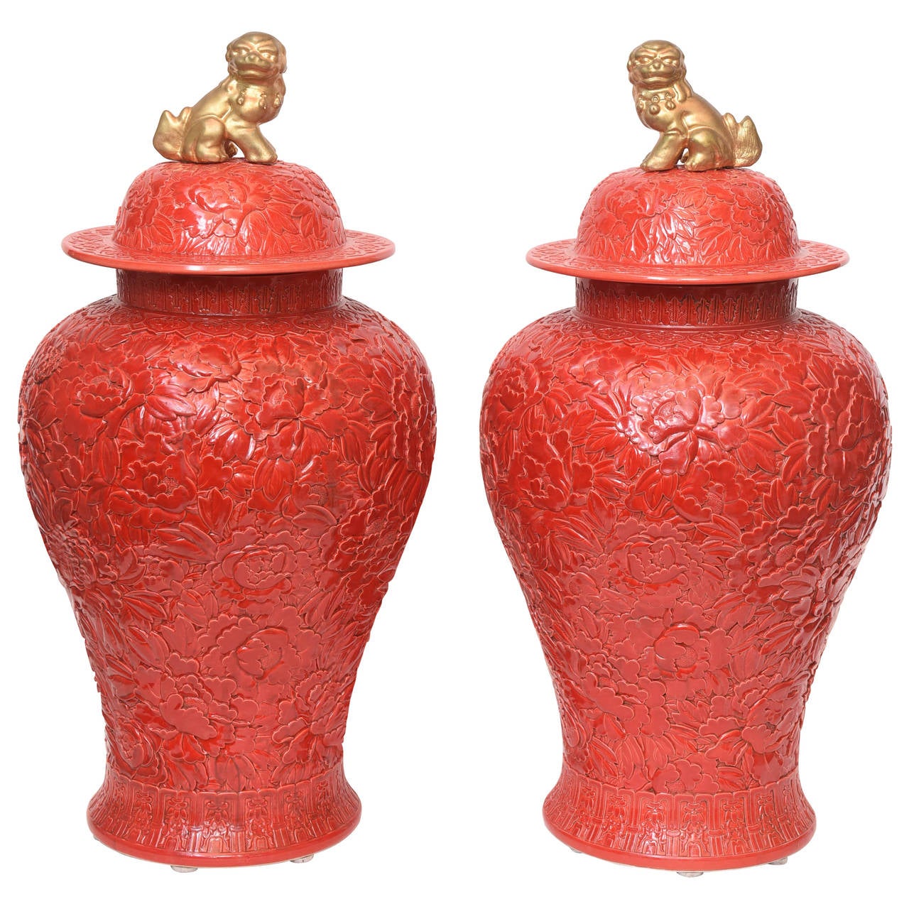 Pair of Chinese Porcelain Red Lacquer Glazed Covered Jars For Sale at ...