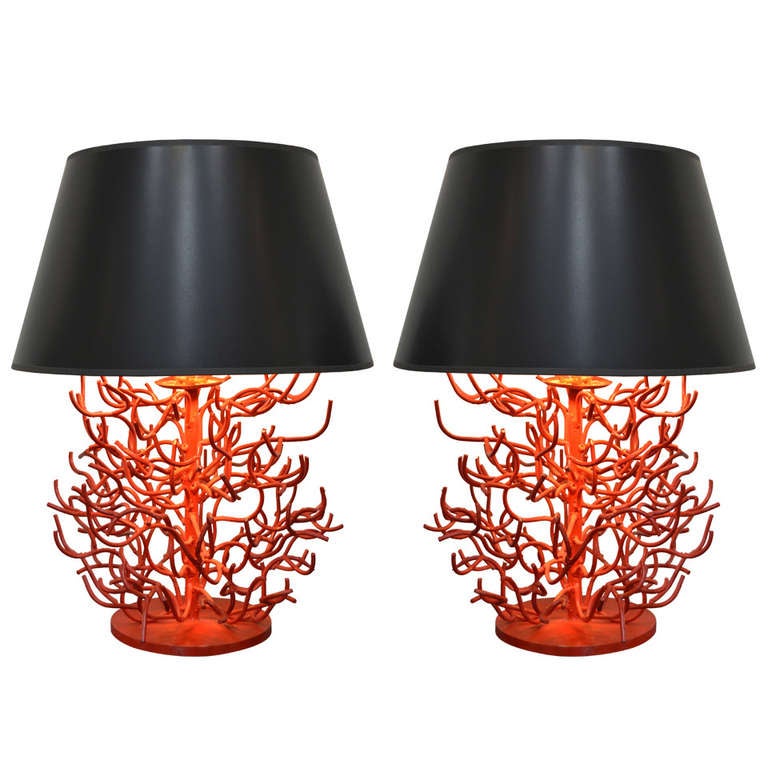 Custom "Coral" Table Lamps with Black Shades at 1stDibs