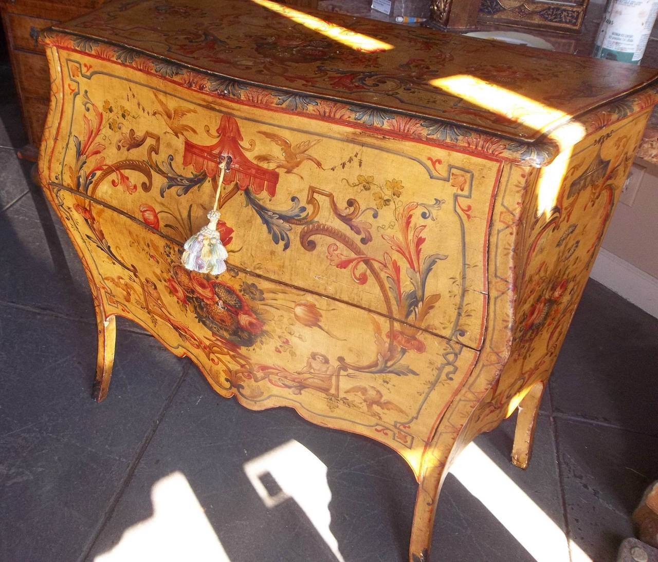 Italian Floral Painted Rococo Bombe Commode For Sale at 1stDibs