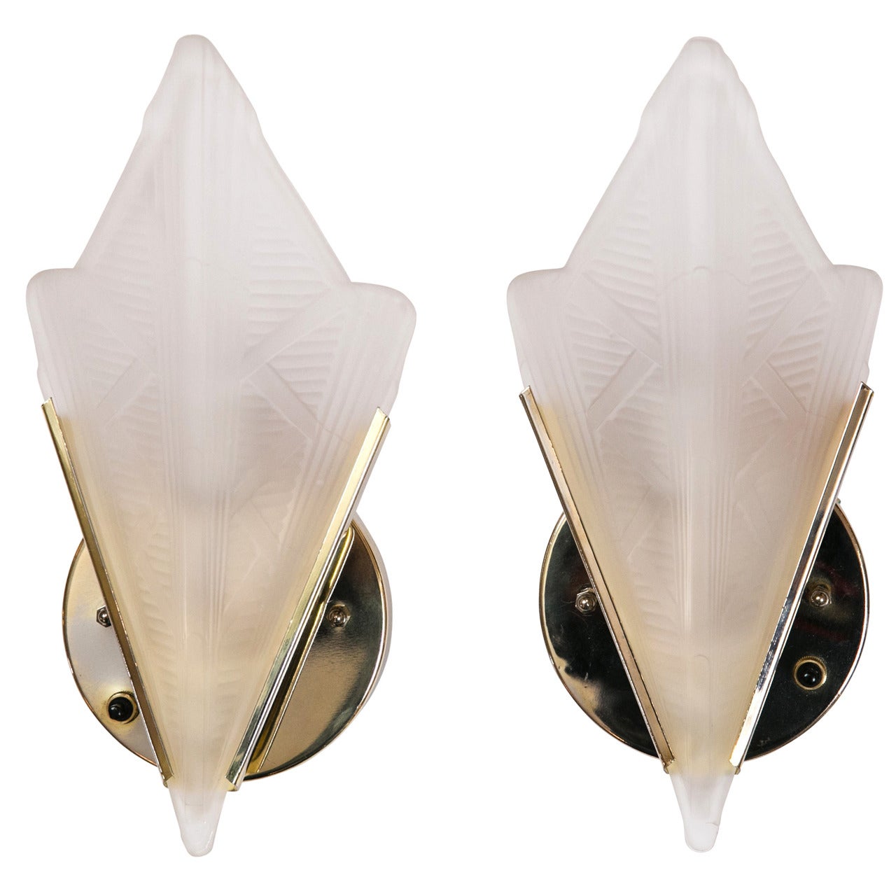Vintage Art Deco Brass and Frosted Glass Pair of Sconces at 1stDibs