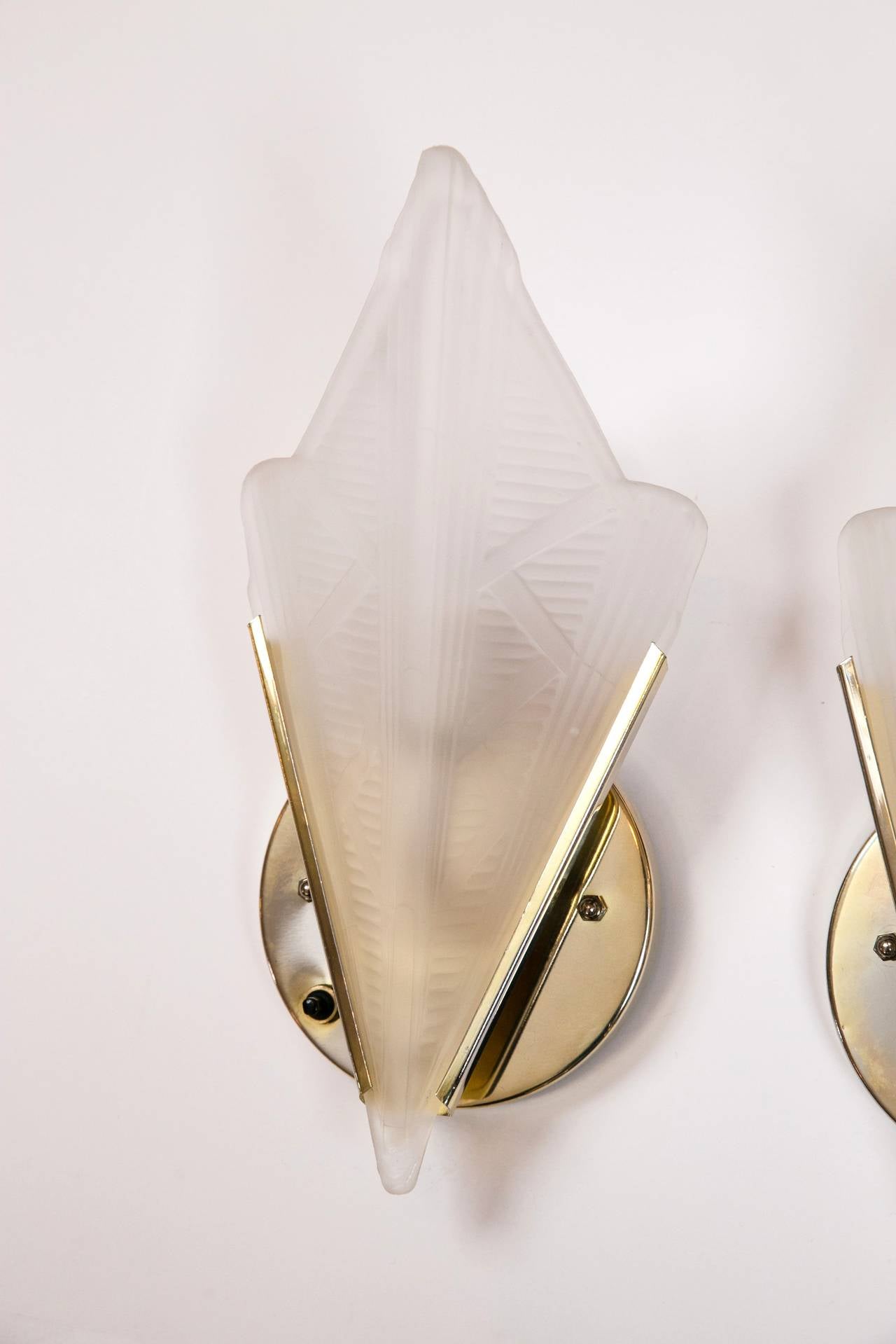Vintage Art Deco Brass and Frosted Glass Pair of Sconces at 1stDibs