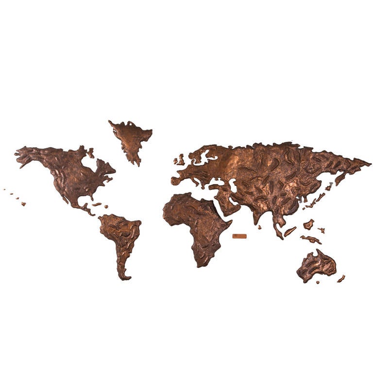 Copper World Map from Sabena Airlines, JFK Airport, New York, 1972 at ...