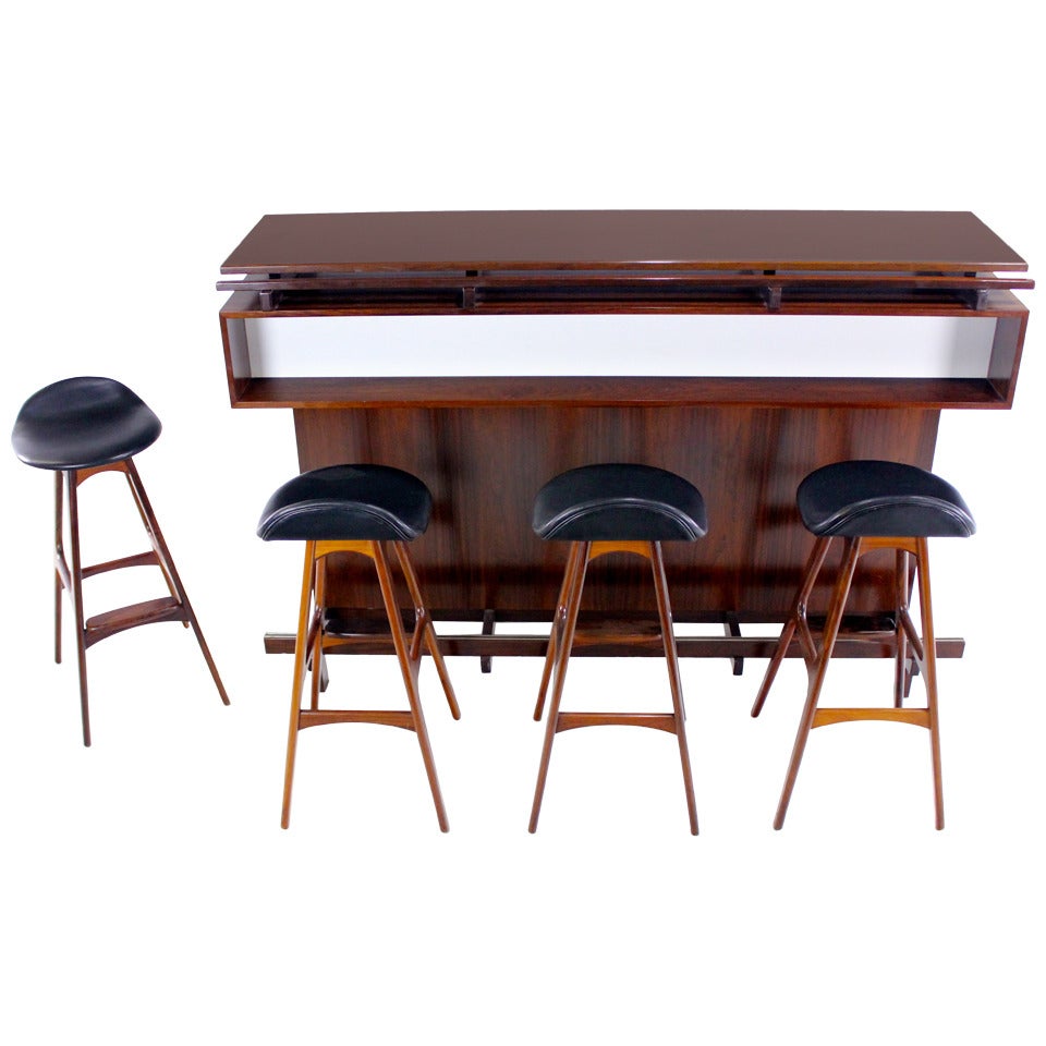 Danish Modern Rosewood Master Bar with Four Erik Buck Bar Stools For ...