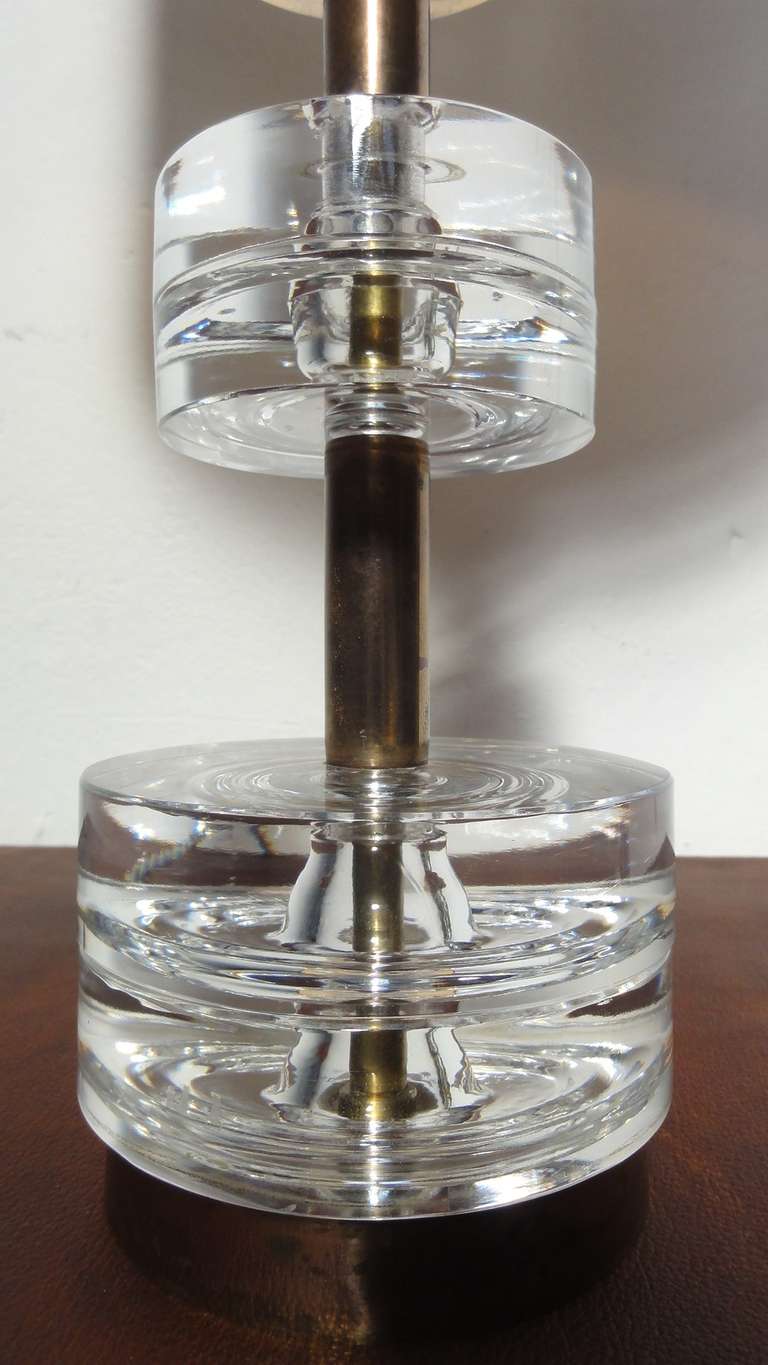 Crystal Glass Disk and Brass Table Lamp by Orrefors Carl Fagerlund ...