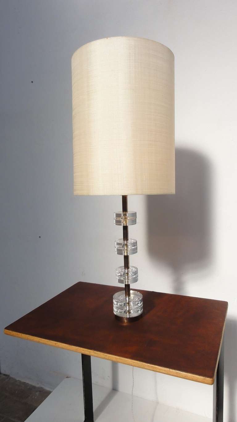 Crystal Glass Disk and Brass Table Lamp by Orrefors Carl Fagerlund ...