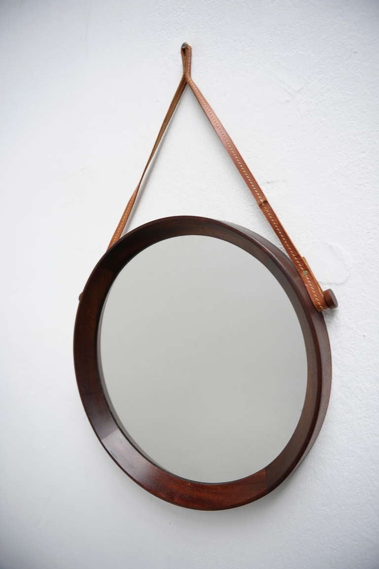 Danish Teak and Leather strap mirror 1960's at 1stDibs