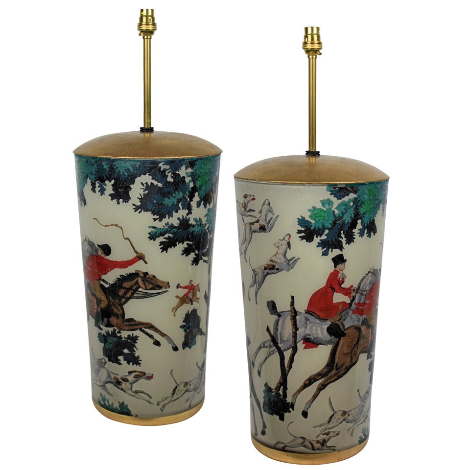 A Pair Of Large Hand Painted Hunting Scene Lamps at 1stDibs
