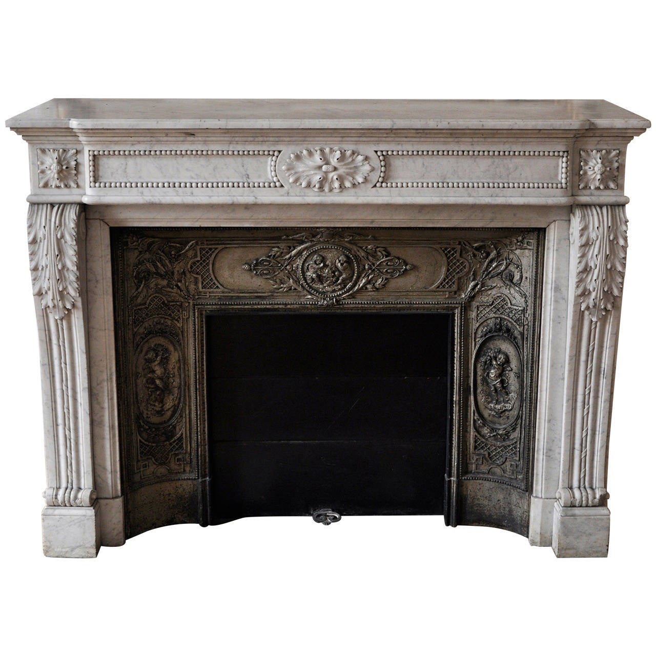 Antique Louis XVI Style Fireplace with Acanthus Décor, Carrara Marble ...