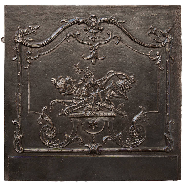 Large Antique Cast Iron Fireback with Torch and Quiver Decor at 1stDibs