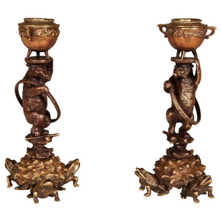 Pair of Gilded Bronze Candlesticks with Circus Bears by Christophe ...