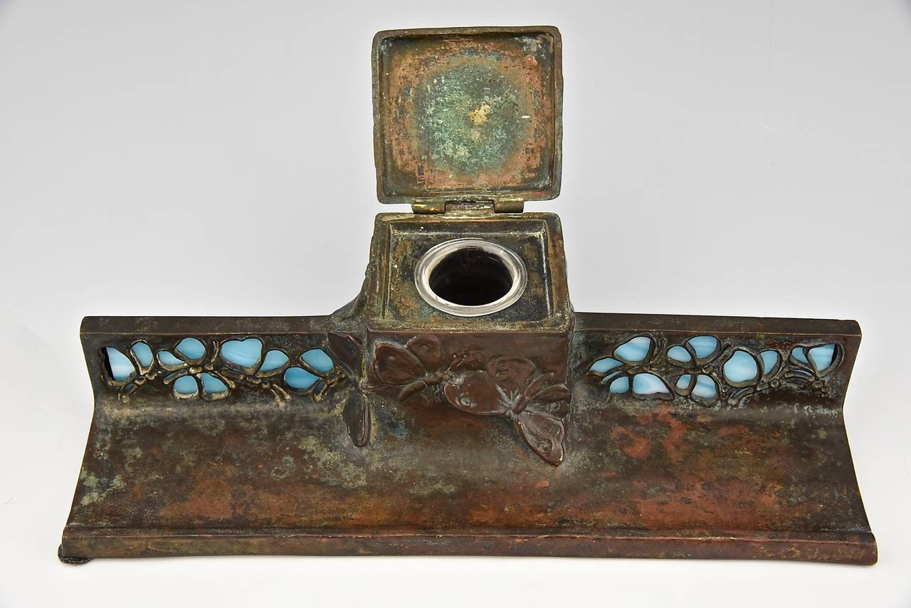 Art Nouveau Bronze Inkwell with Butterflies and Glass Inlay, circa 1900 ...