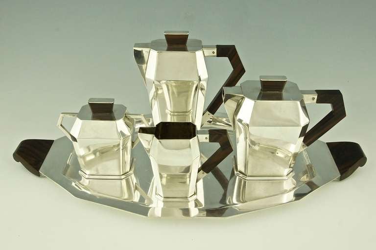 5 Piece Silver Plated Art Deco Tea and Coffee Set with Wooden Handles ...