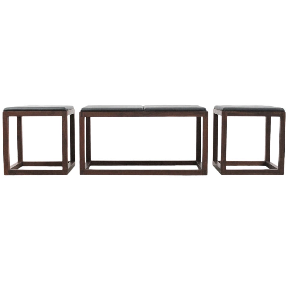 Minimalist Walnut Bench and Stools at 1stDibs | minimalist bar stools