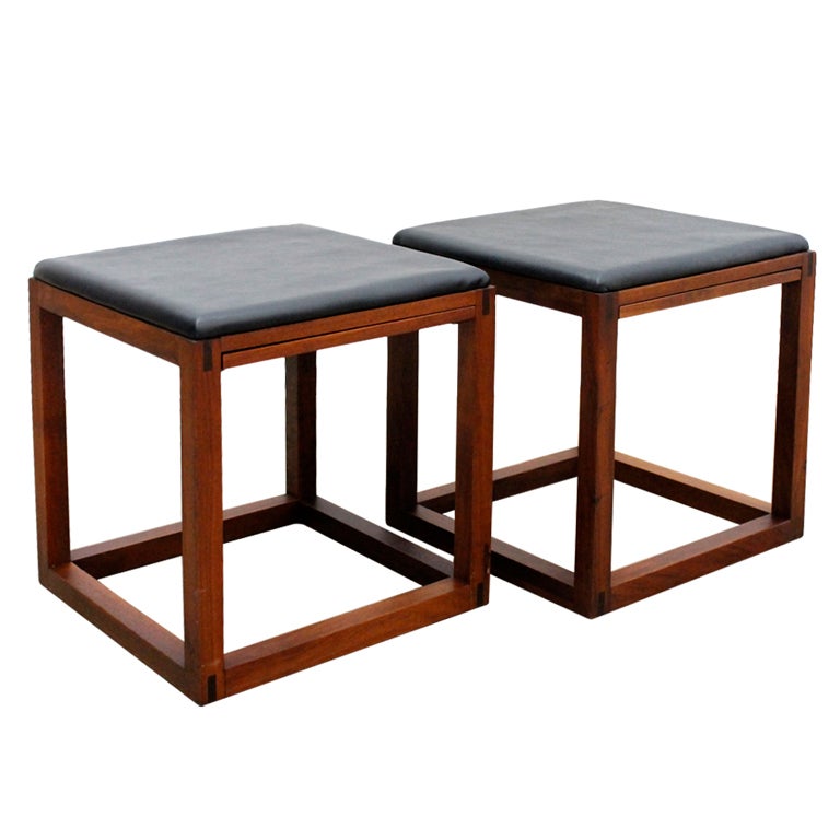 Pair Mid Century Walnut Stools w/ Pull Out Trays at 1stDibs