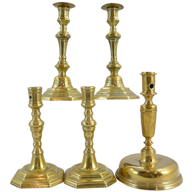 Grouping of 5 Brass Candlesticks at 1stDibs