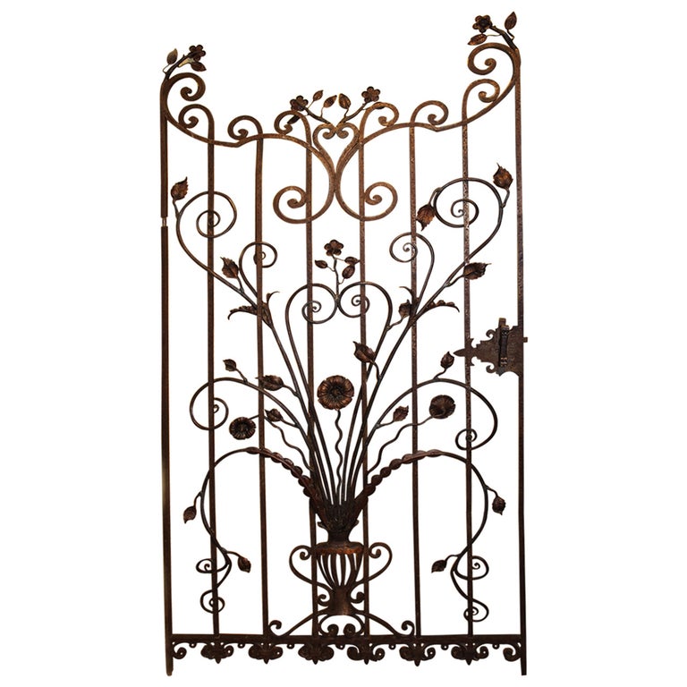 Custom Iron Garden Gate with Flower and Urn Motif For Sale at 1stDibs