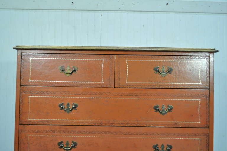 Vintage Orange Tooled Leather Wrapped Commode Chest of Drawers by Gus ...