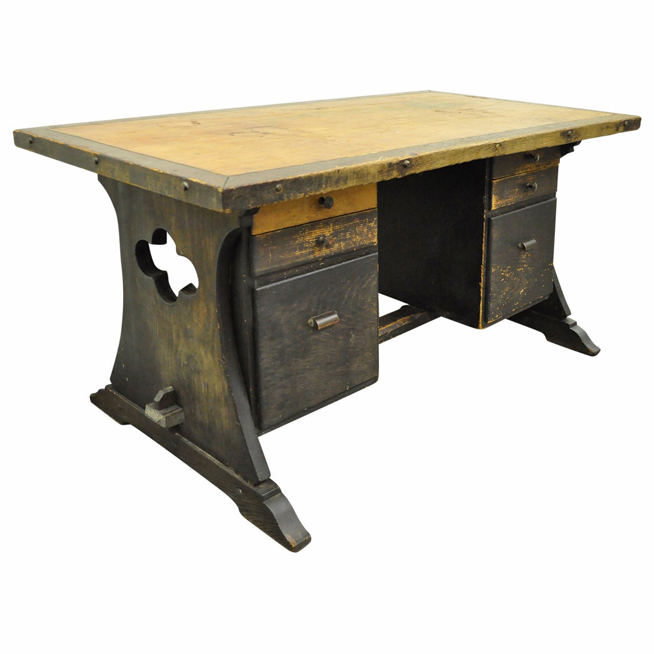 Arts and Crafts Industrial Wooden Kneehole Desk Six-Drawer Work Stand ...