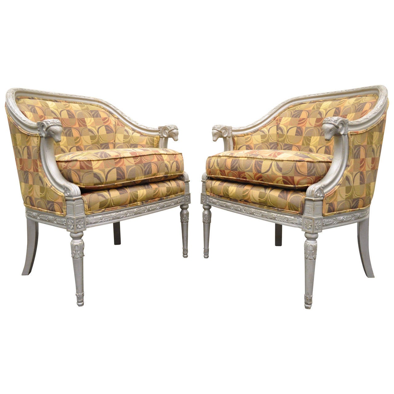 Pair of Stunning Hollywood Regency Silver Rams Head Barrel Back Club ...