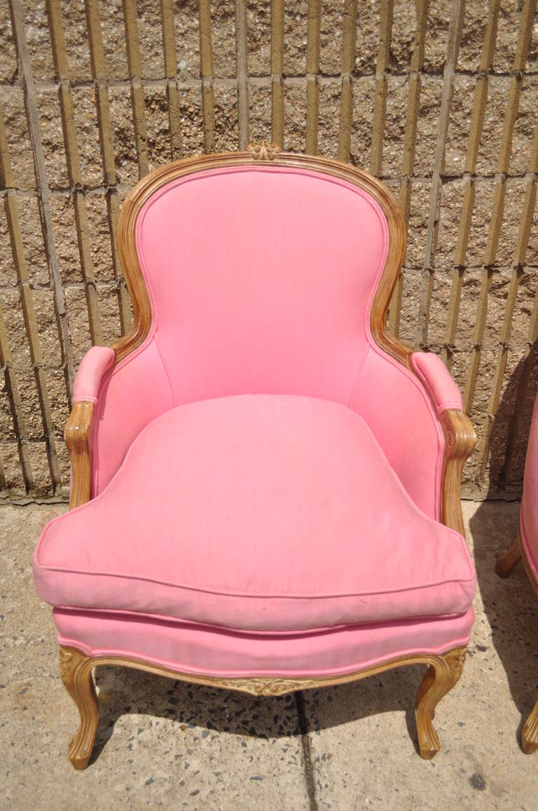 Pair of Pink Down French Louis XV Style Bergere Armchairs Hollywood ...