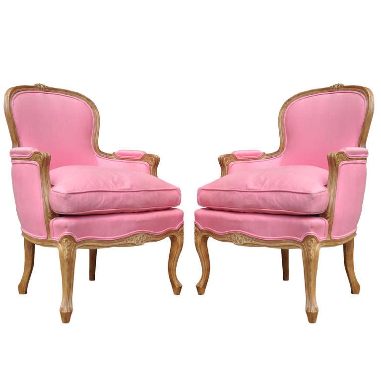 Pair of Pink Down French Louis XV Style Bergere Armchairs Hollywood ...