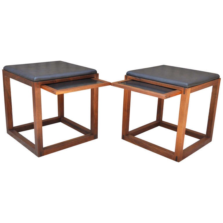 Pair of Walnut Pull-Out Tray Side Tables/Stools after Ed Wormley at 1stDibs