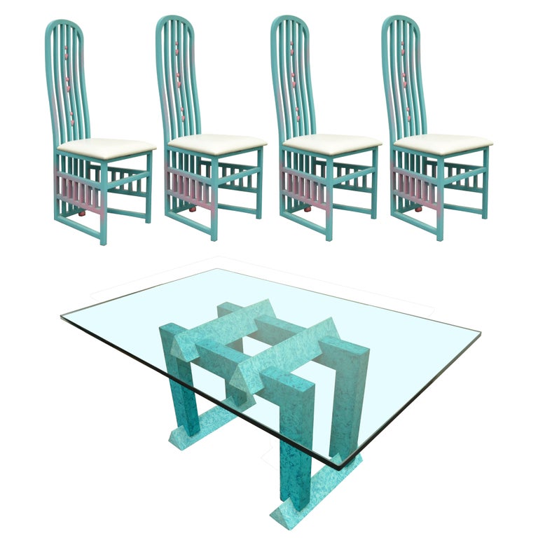Vintage 1987 Memphis Style Blue and Pink Painted Dining Room Set Table ...