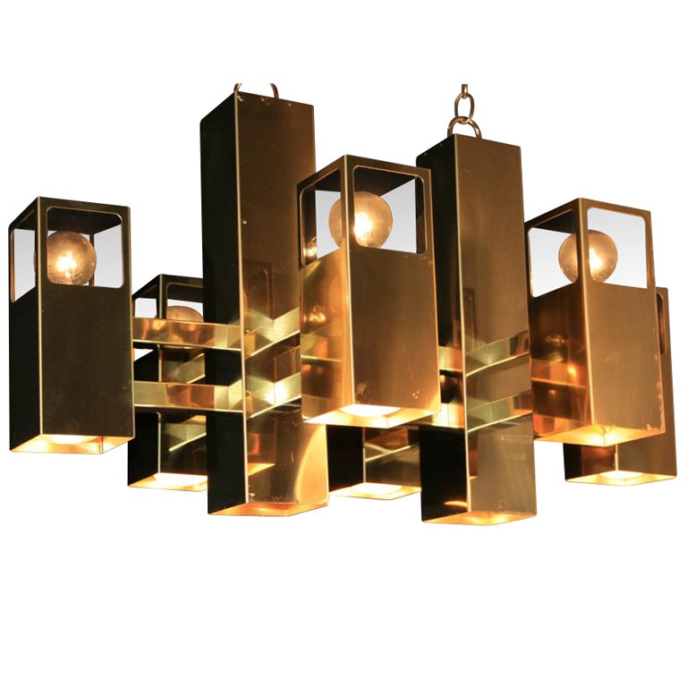 1970's Brass 14 Light Cubist Chandelier after Gaetano Sciolari at 1stDibs
