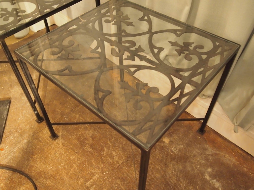 Pair of Glass Top Iron Gate Tables For Sale at 1stDibs