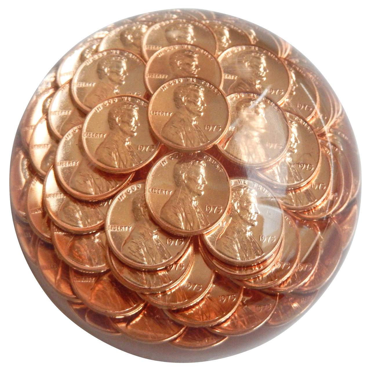 1975 Lucite Paperweight with Suspended Pennies at 1stDibs