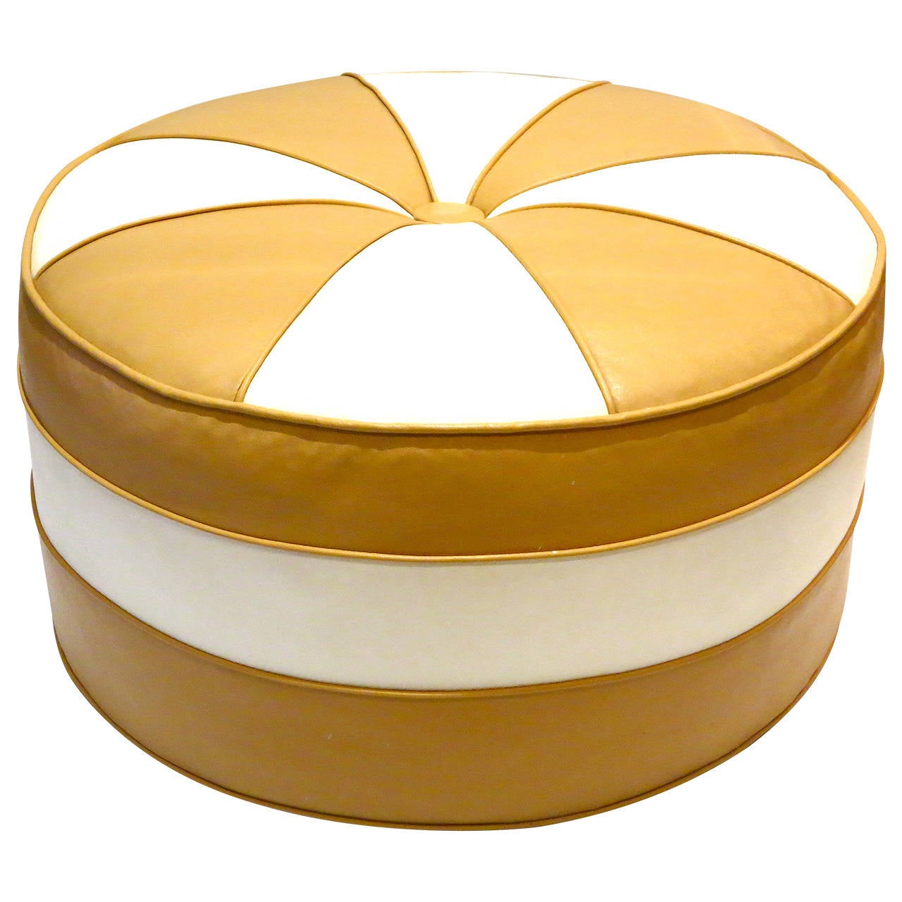 1970s Pop Bicolor Hassock Pouf Round Ottoman In Original Naugahyde At