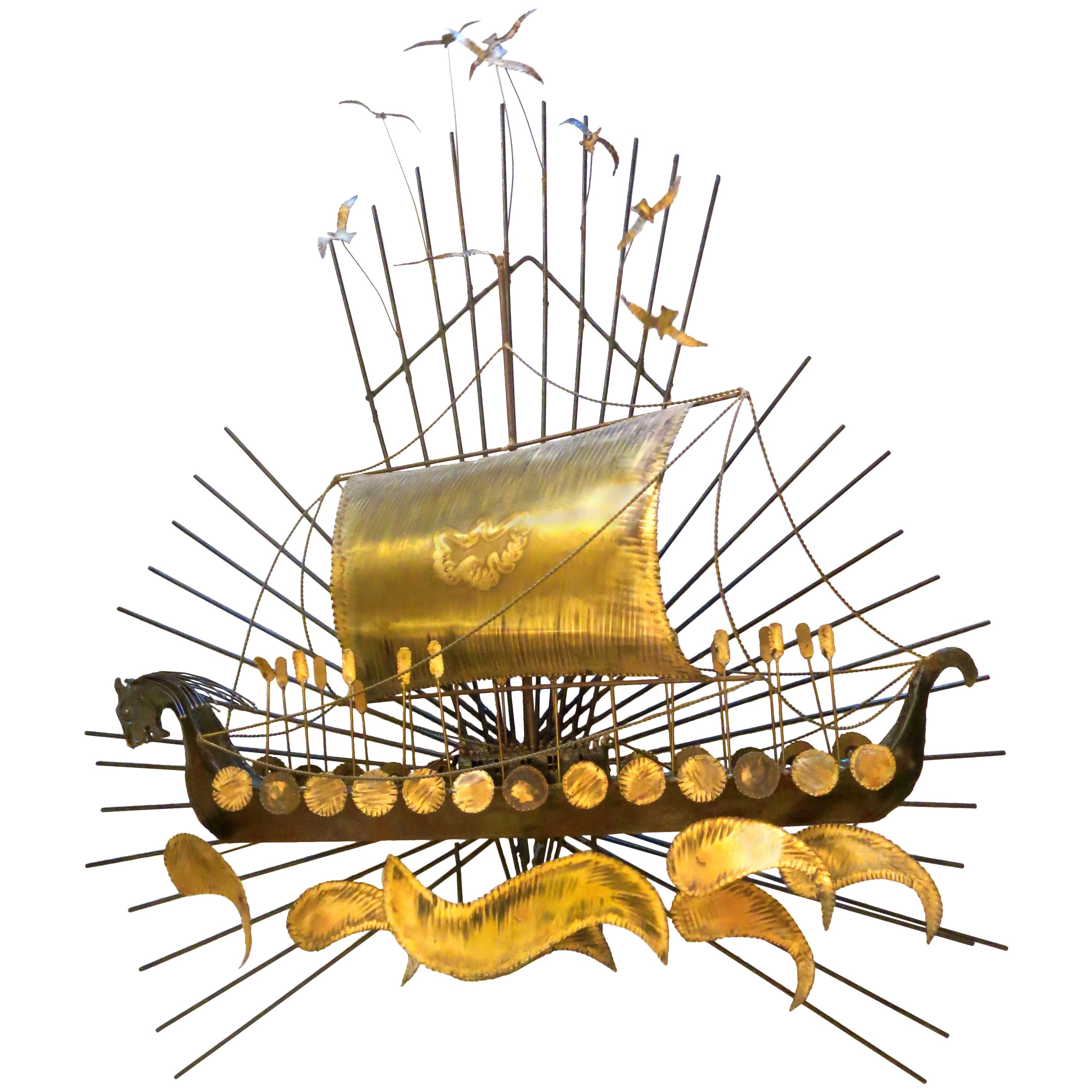 1960s Striking Large Viking Ship Wall Sculpture Metal and Brass at ...