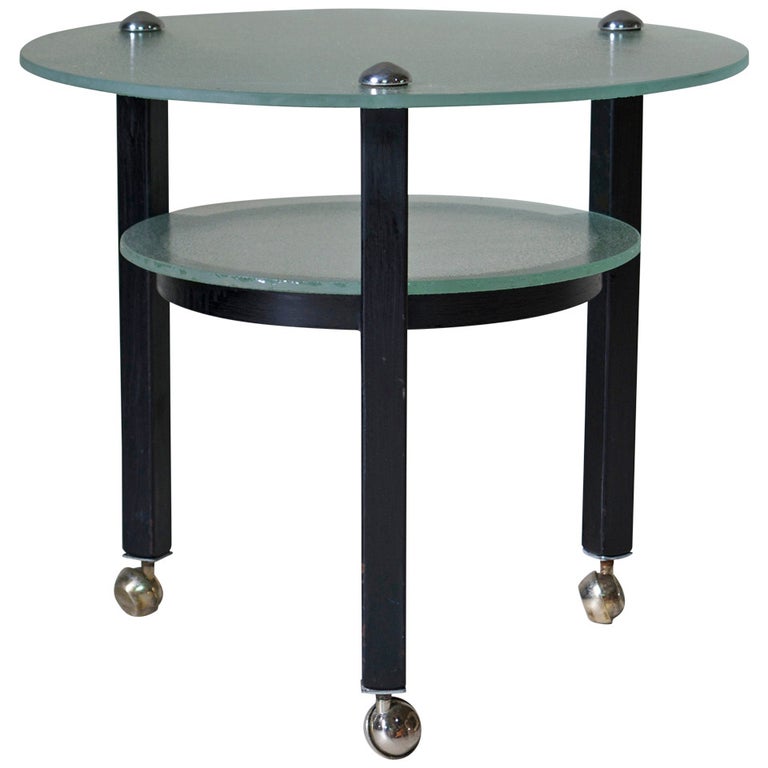 Two-Tiered Glass and Iron Side Table on Casters For Sale at 1stDibs