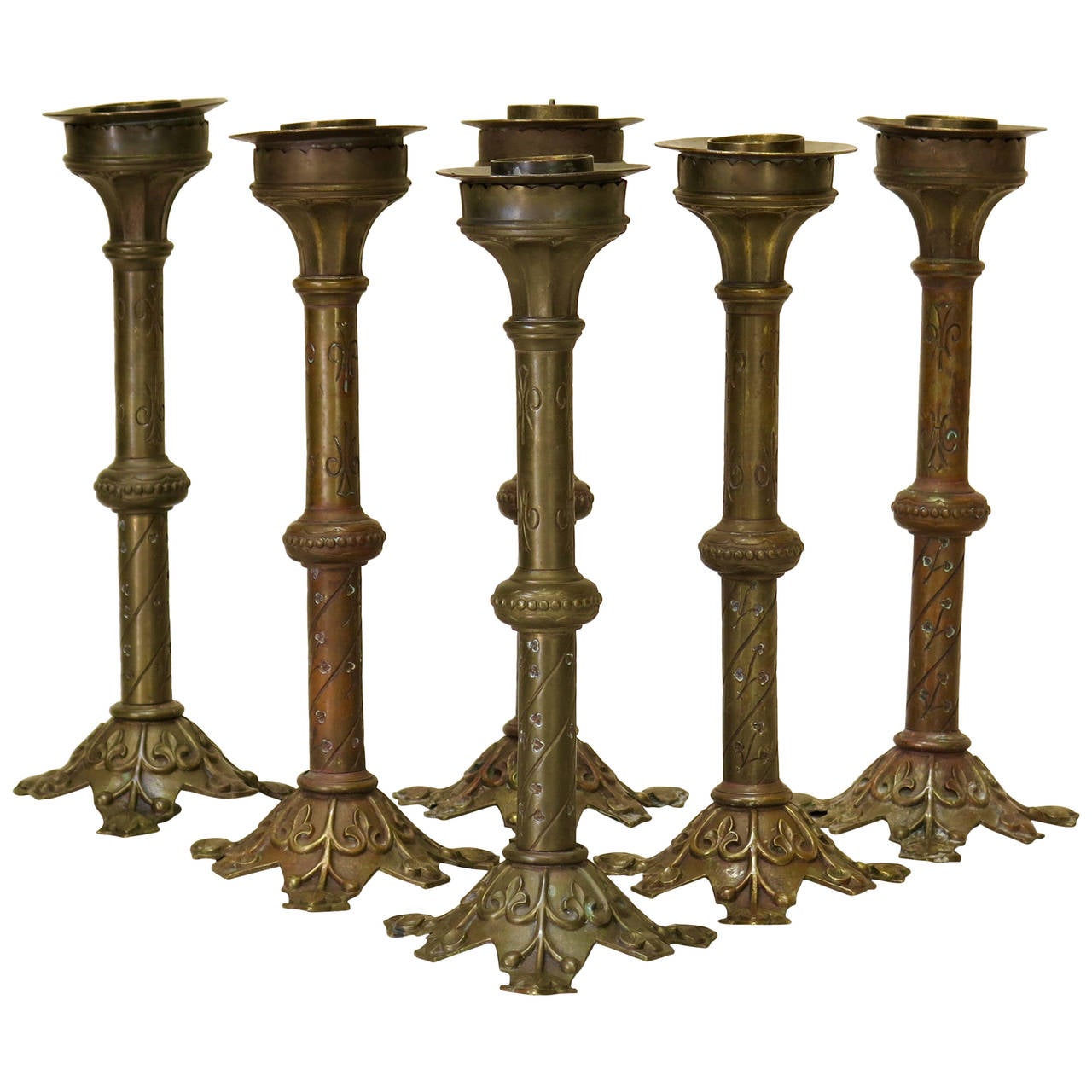 Six Medieval Style Brass Candlesticks, France, Early 1900s at 1stDibs
