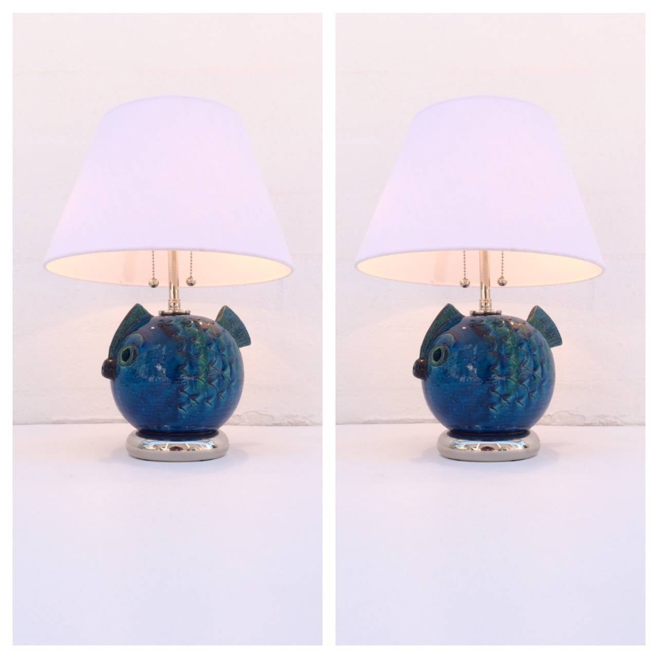 Whimsical Pair of "Rimini Blue" Ceramic Fish Lamps by Aldo Londi for ...