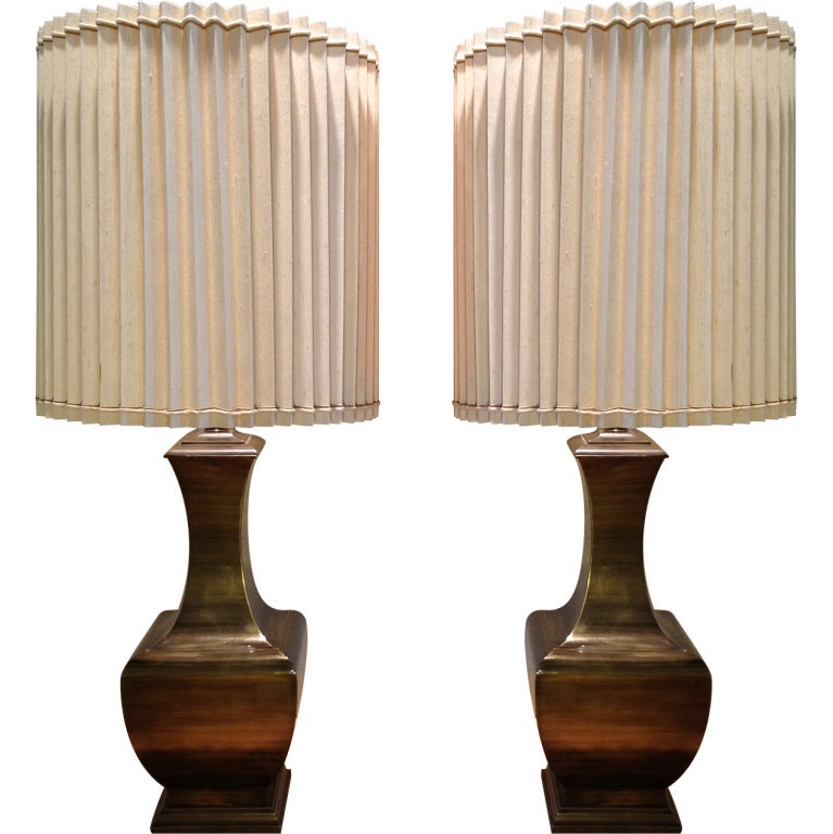 Brass Lamps in the Style of Mastercraft with Original Shades at 1stDibs