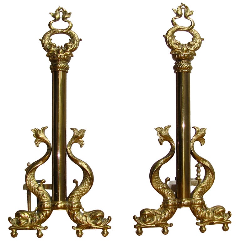 Pair Tall Brass Dolphin Andirons at 1stDibs
