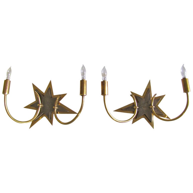 French Moderne Pair of Star Motif Brass Sconces For Sale at 1stDibs