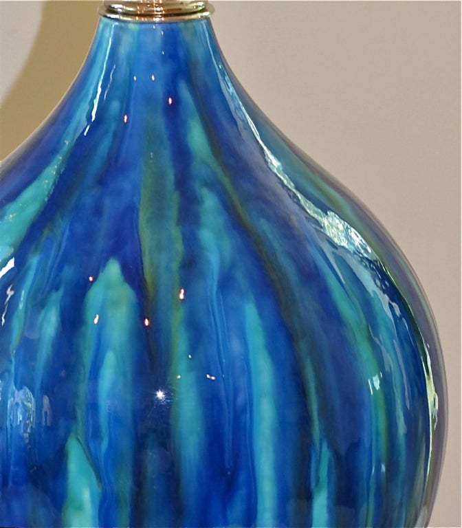 Pair Italian Vibrant Blue and Green Drip Glaze Lamps at 1stDibs