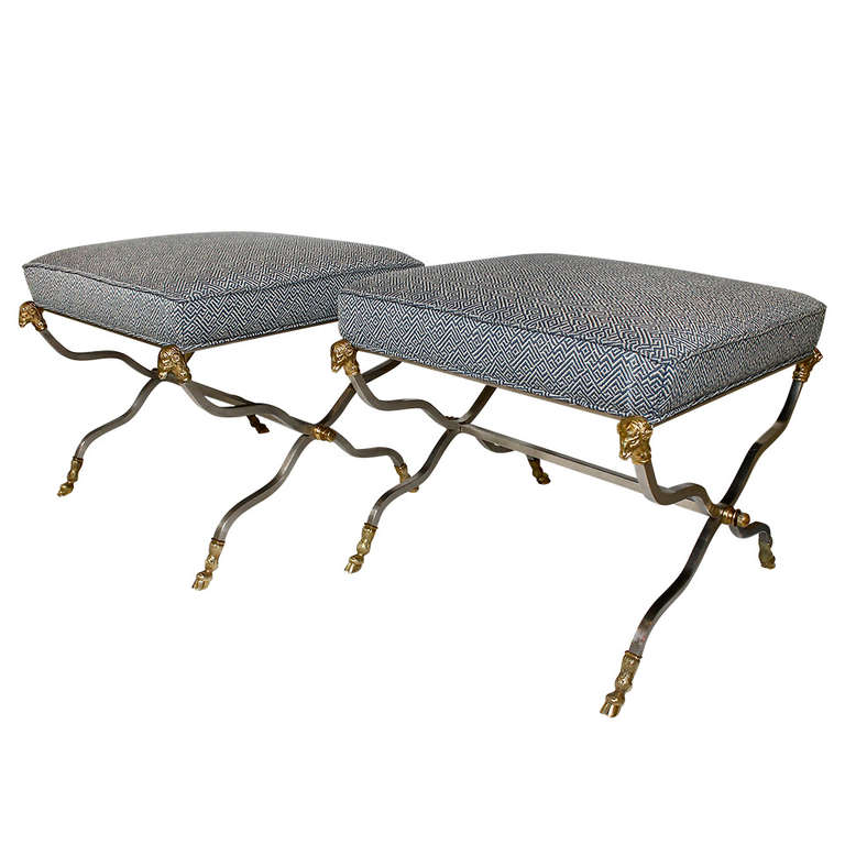 Pair Italian Brushed Steel Brass Rams Head X-Base Benches at 1stDibs