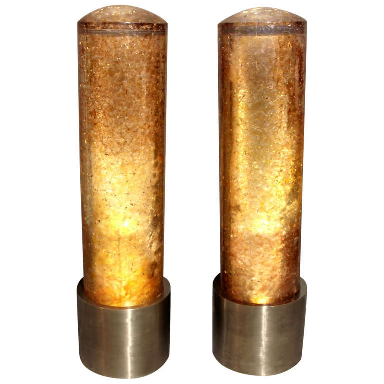 Pair of luminous resin columns with bases in brushed stainless steel at ...