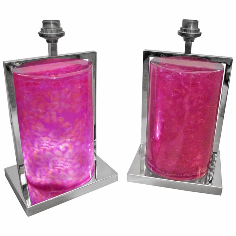 Two Large Lighting Lamp Bases in Dark Pink Resin and Chromed Metal For ...