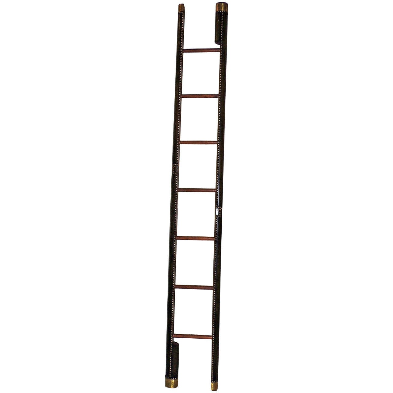 Handsome Vintage English Green Leather and Brass Folding Library Ladder ...