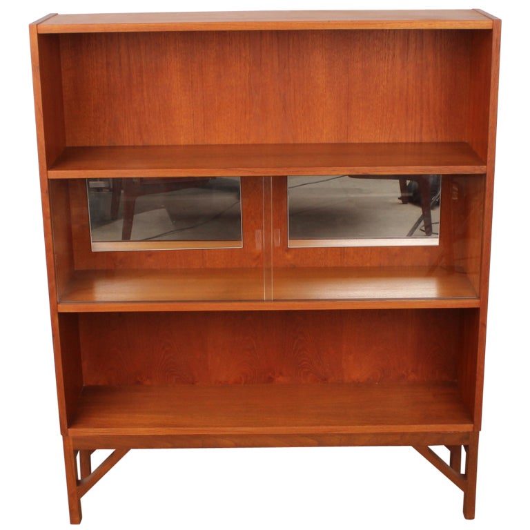 Teak Shelving Unit with Glass and Mirror Backing at 1stDibs