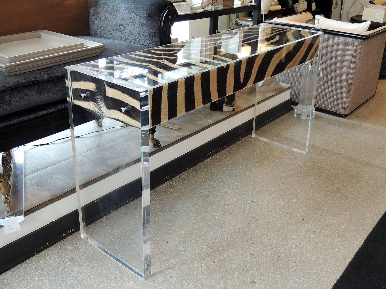 Lucite Console Table with Zebra Hide at 1stDibs