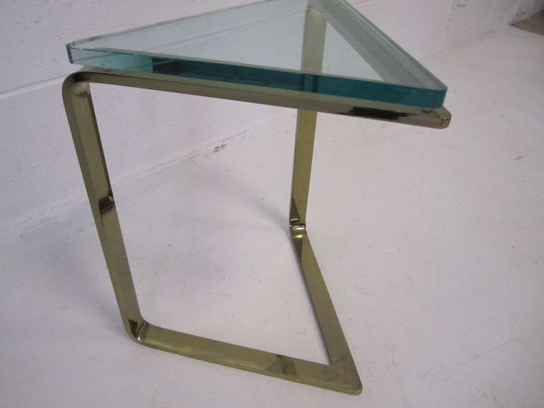 Stunning Karl Springer Style Thick Glass Triangular Brass Side Table ...